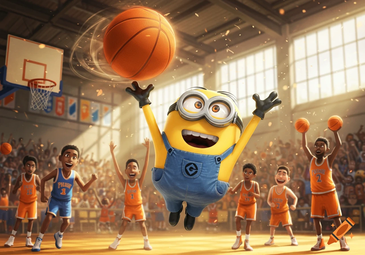 A cartoon Minion jumps to catch a basketball on a court with excited ...