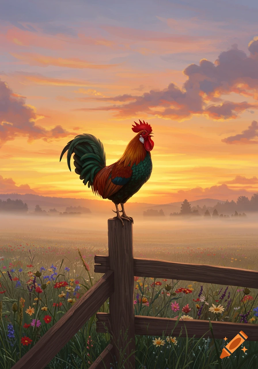 A vibrant rooster crows on a wooden fence post in a field of ...