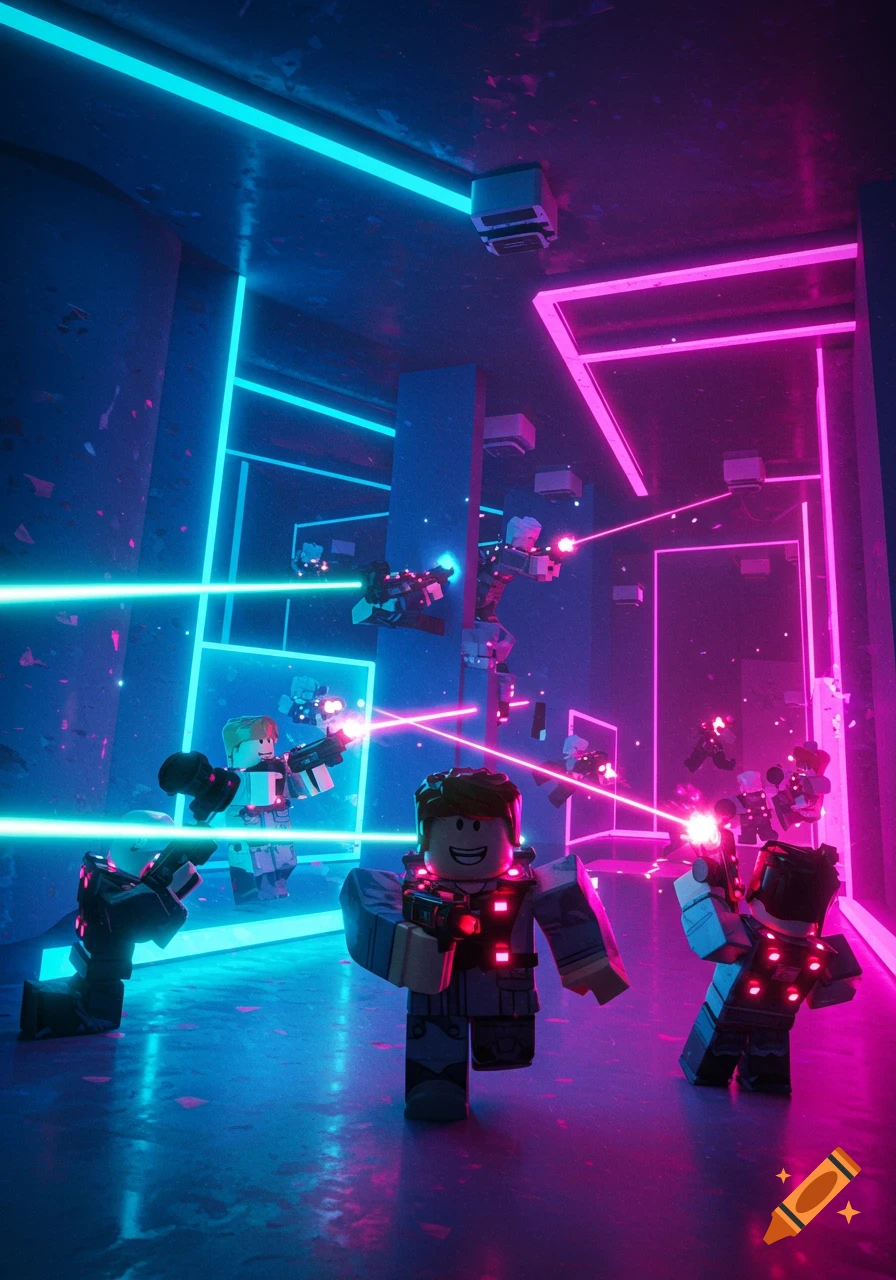 Roblox-style characters in a vibrant, futuristic laser tag arena with ...