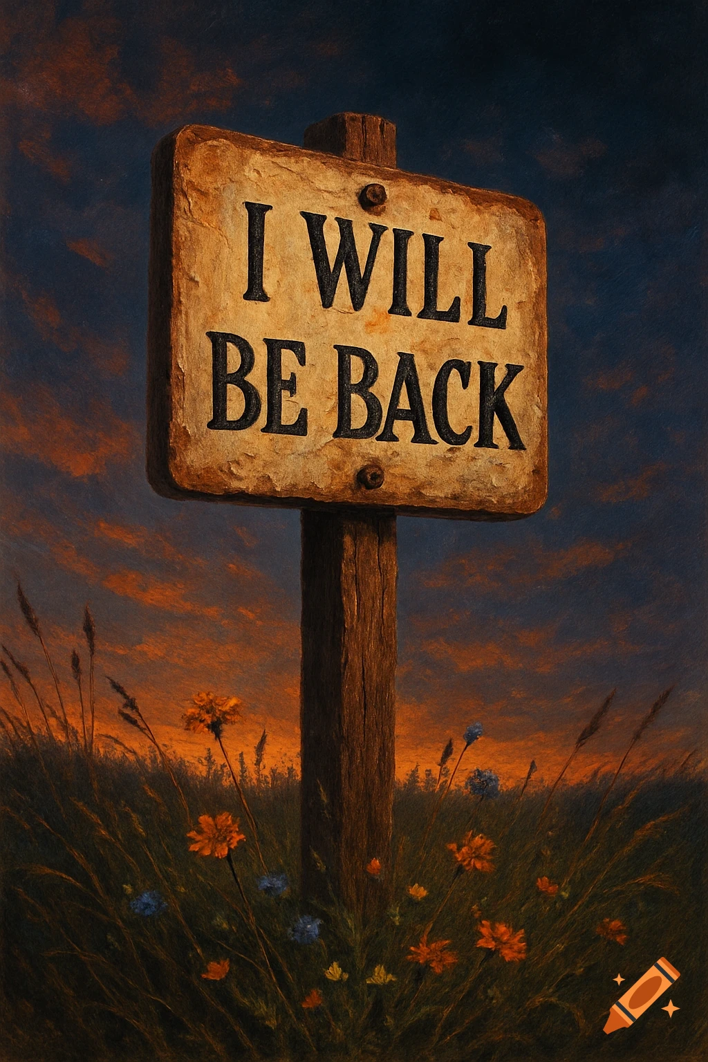A rustic wooden sign reading 'I WILL BE BACK' in a field of wildflowers ...
