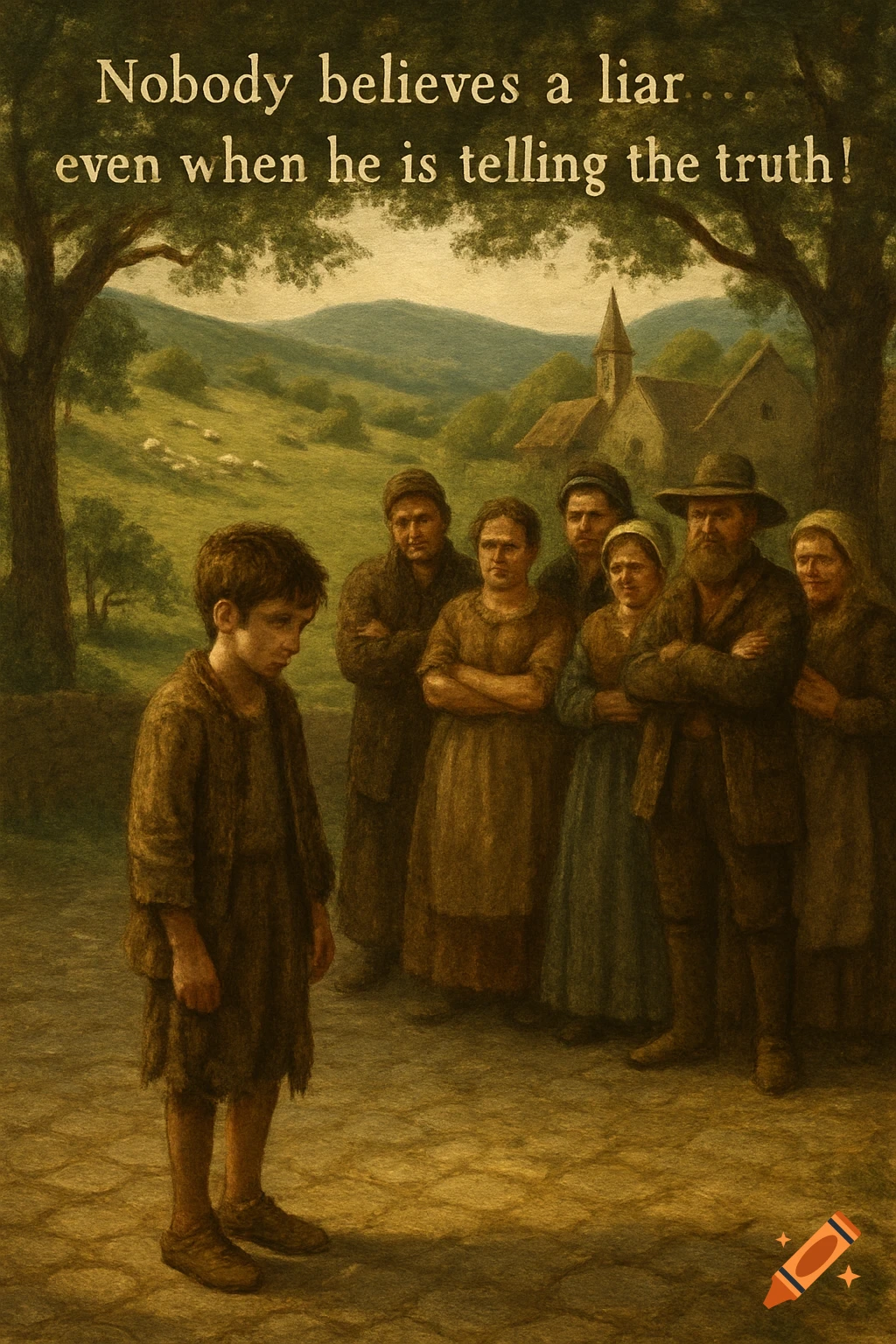 A solemn boy stands apart from skeptical villagers in a rural ...