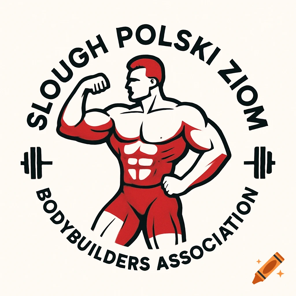 A logo featuring a stylized male bodybuilder flexing, surrounded by ...