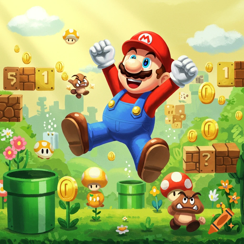 Mario jumping in a colorful, cartoon Super Mario Bros. landscape with ...