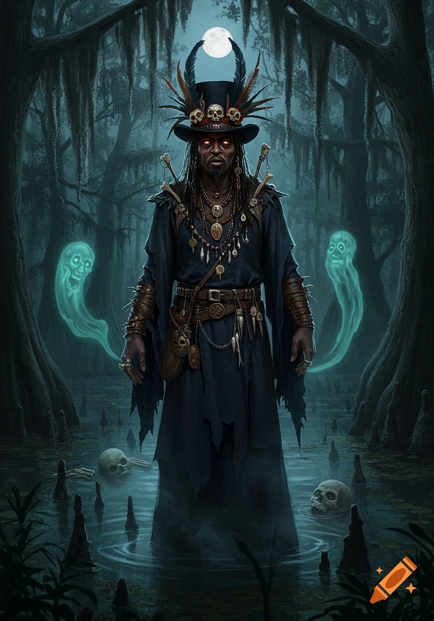 A dark fantasy illustration of a voodoo witch doctor in a moonlit swamp with glowing spirits and ...