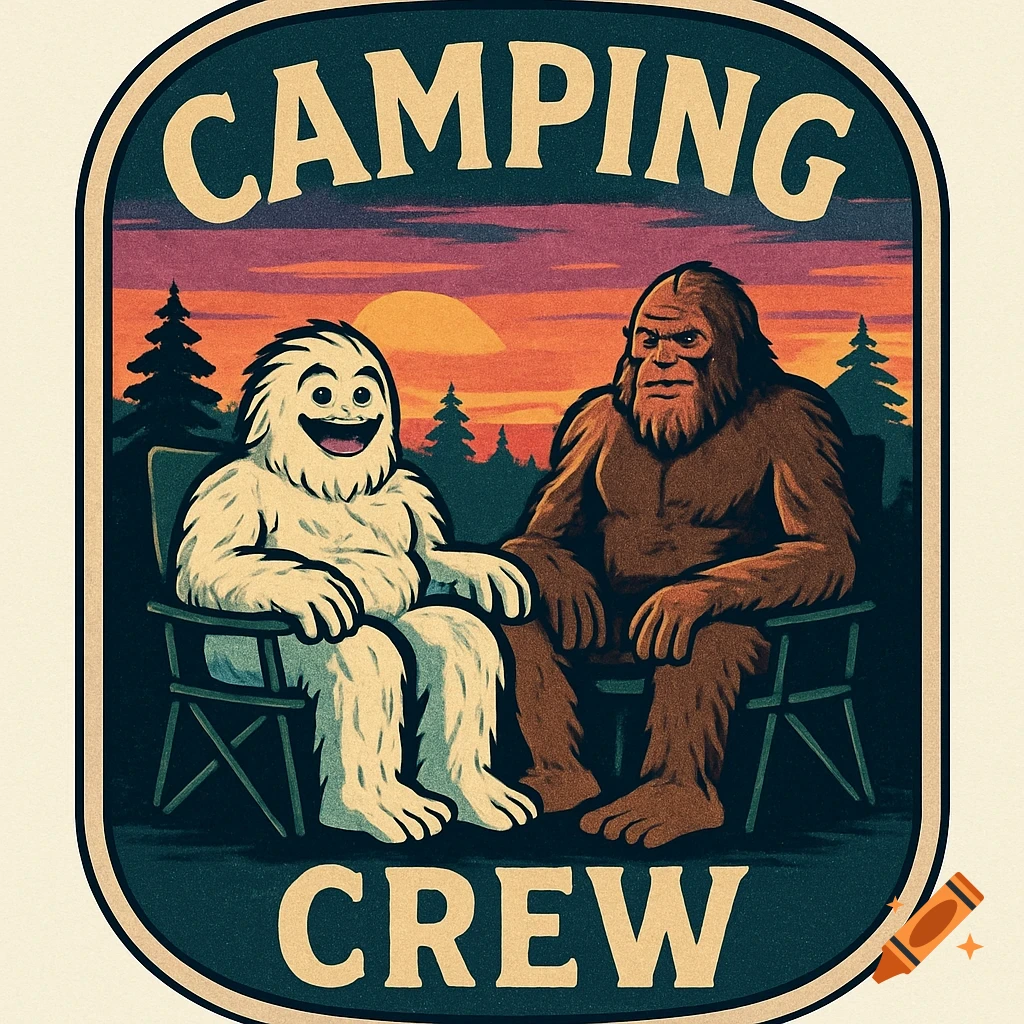 Vintage graphic of a yeti and Bigfoot sitting in camp chairs with a ...