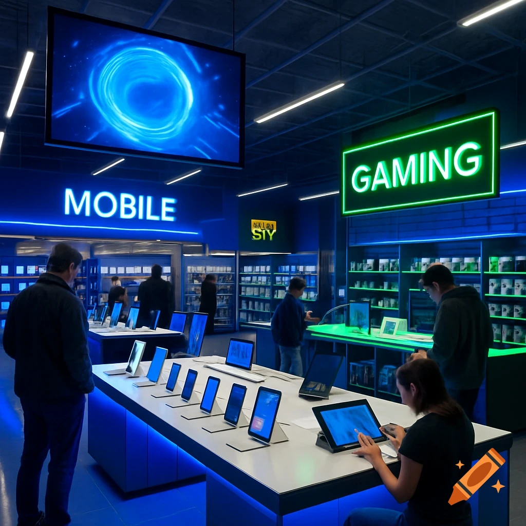 An electronics store interior with blue and green neon signs for ...