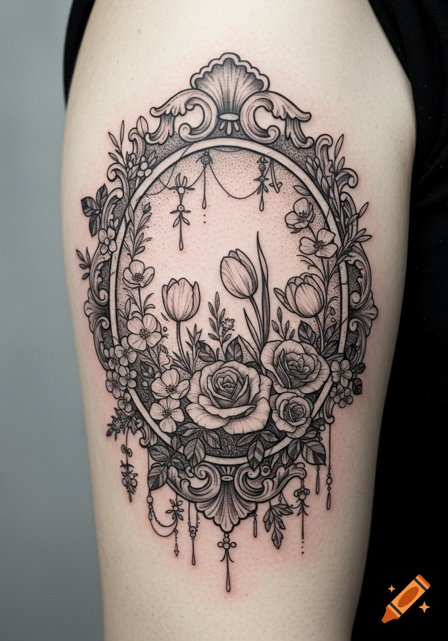 A detailed black and grey tattoo of an ornate, gothic-style oval frame ...