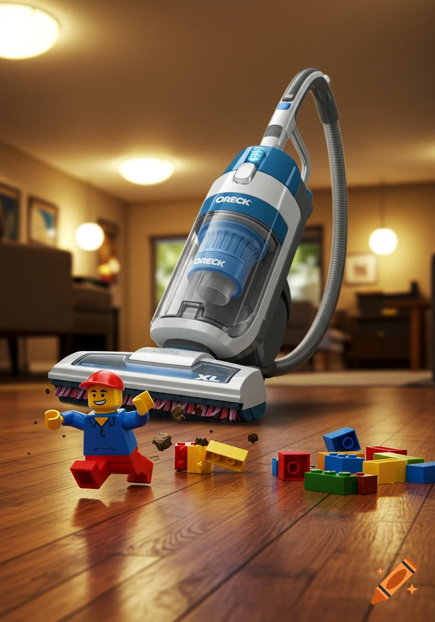 A photorealistic image of a Lego minifigure running in fear from a ...