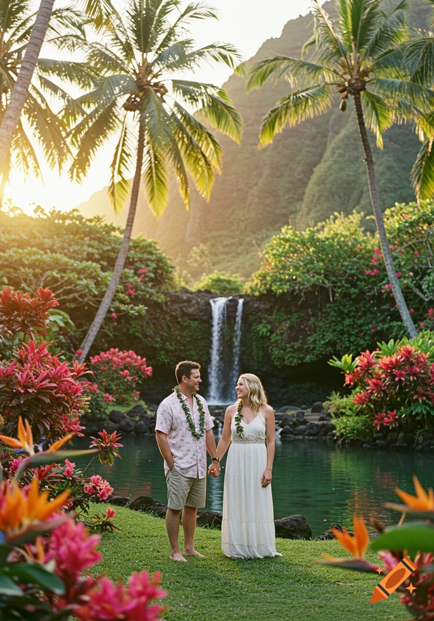 A smiling couple wearing leis holds hands in a lush tropical paradise ...