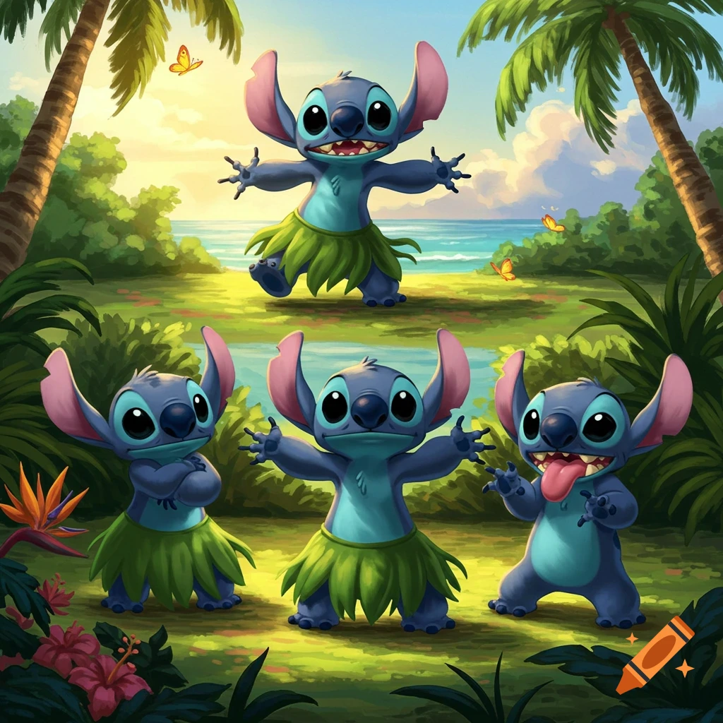 Cartoon Stitch in an orange hoodie sits on a sunny tropical beach with ...