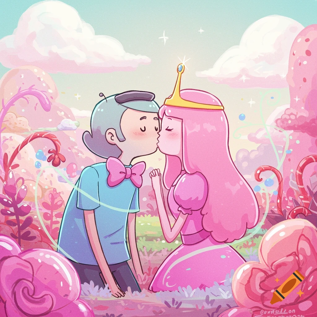 Benson Dunwoody and Princess Bubblegum kissing in a vibrant pink candy ...
