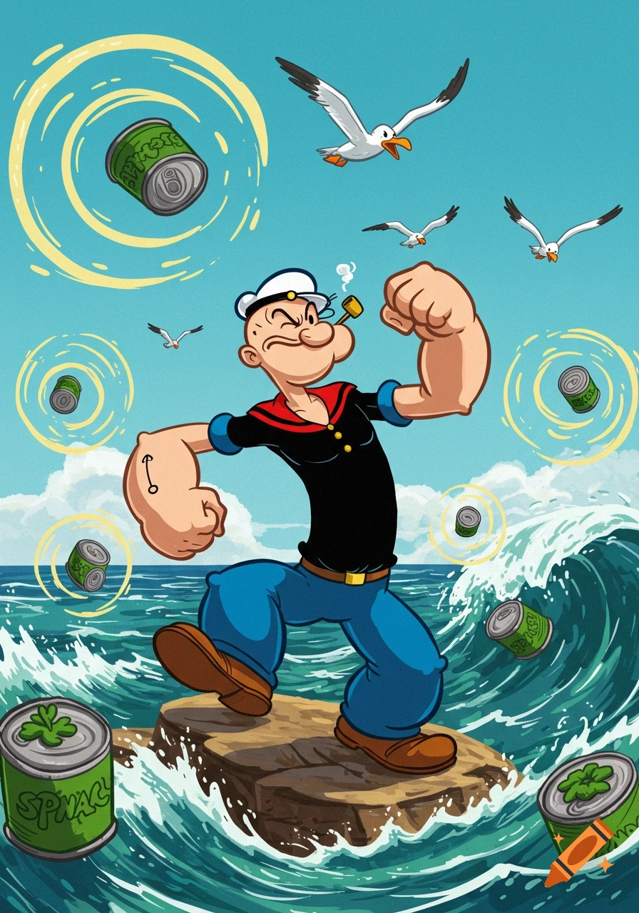 Very muscular Popeye the Sailor in a black tank top and beret flexing ...