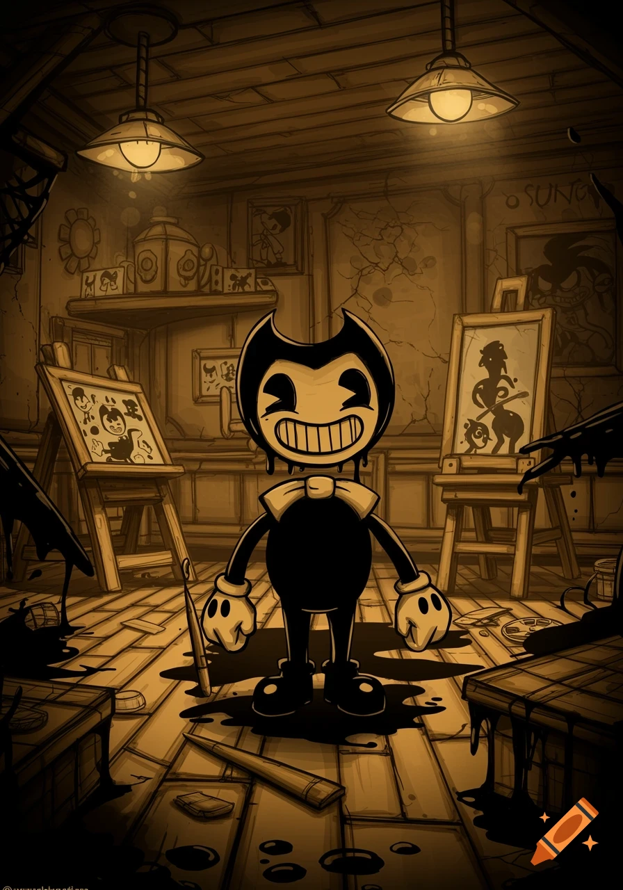Bendy stands in a sepia-toned, vintage animation studio with an easel ...