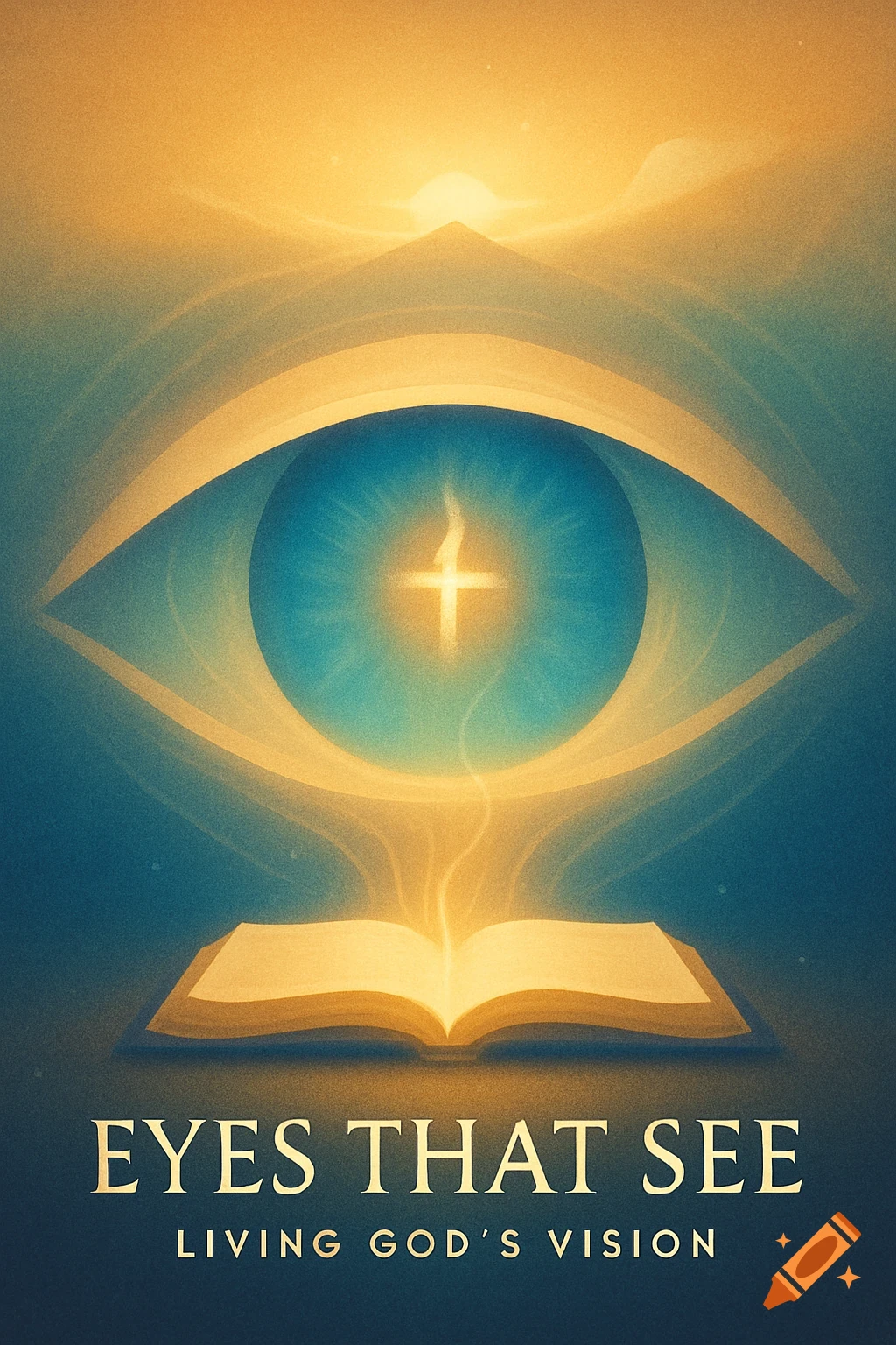 Stylized eye with a glowing cross in the pupil above an open, glowing Bible, with text "EYES ...