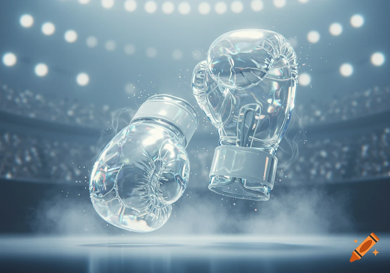 Two clear, transparent boxing gloves float in a brightly lit boxing ...