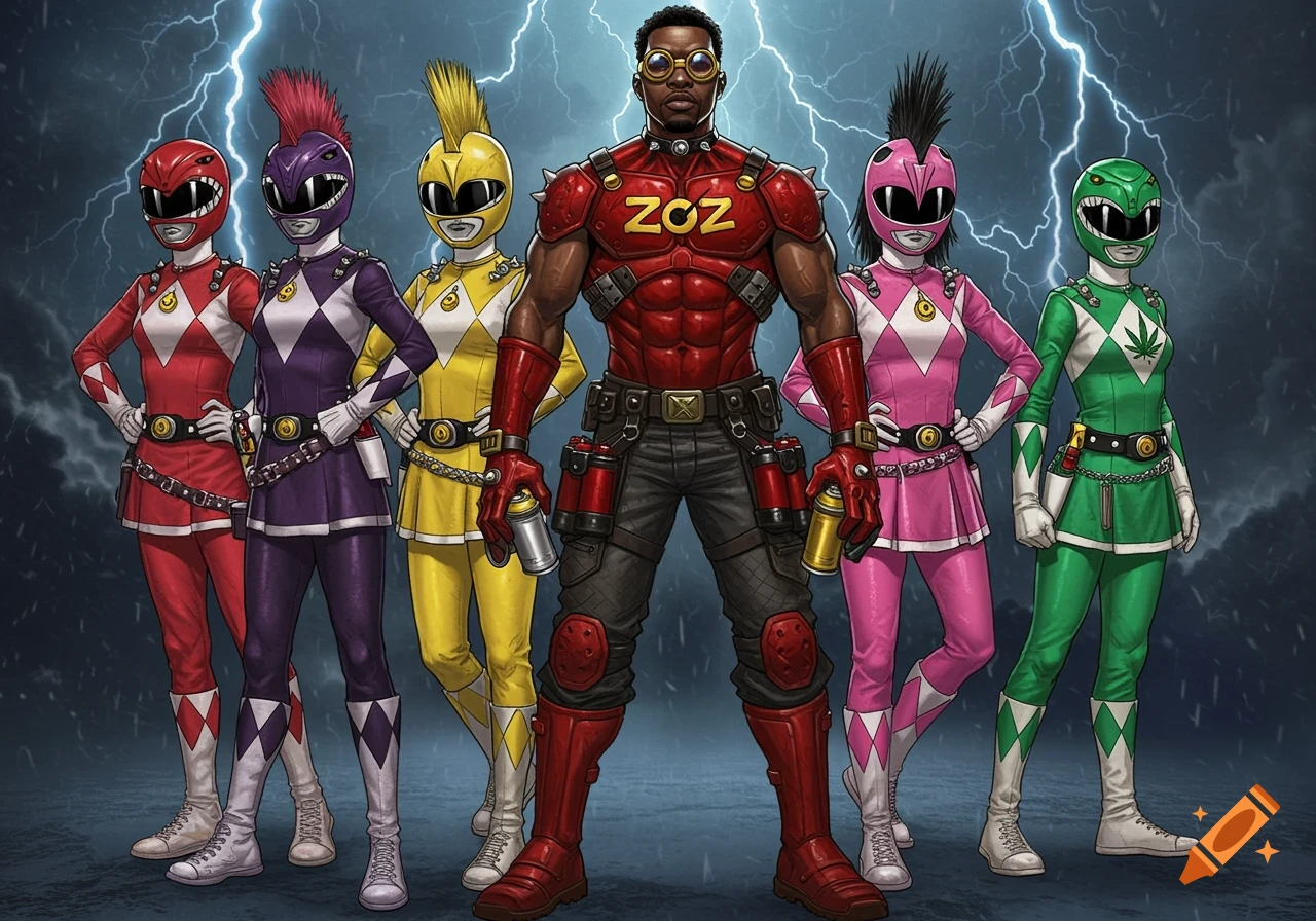 A red and yellow Sentai mecha robot with a drill chest stands among ...