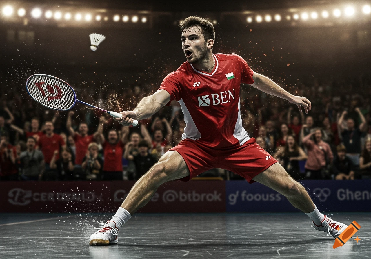 A male badminton player leaps to hit a shuttlecock during a match in a ...
