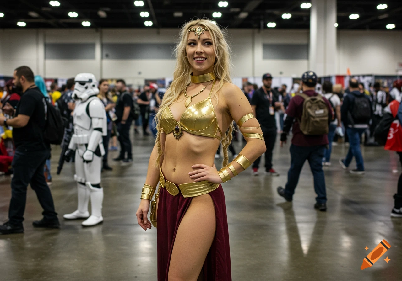 A woman in a gold bikini top and maroon high-slit skirt poses confidently at a sci-fi convention ...