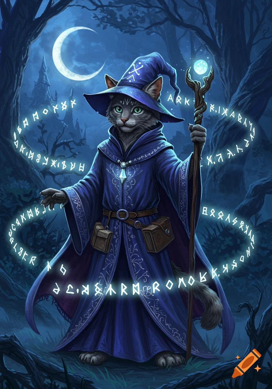 A grey tabby cat wizard with green eyes wears a blue robe and pointed ...
