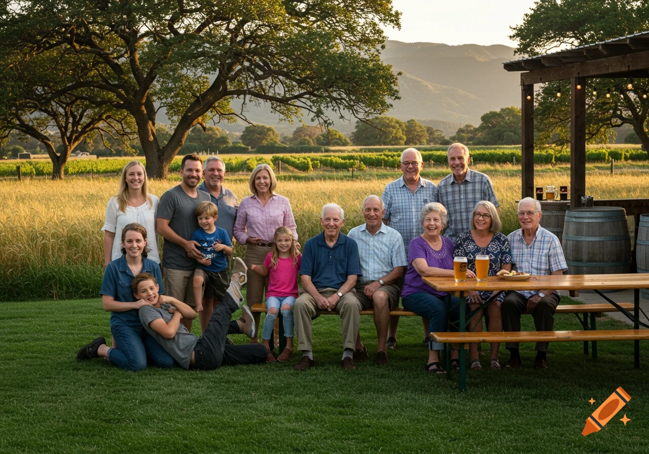 A large multi-generational family poses for a group photo outdoors at a ...