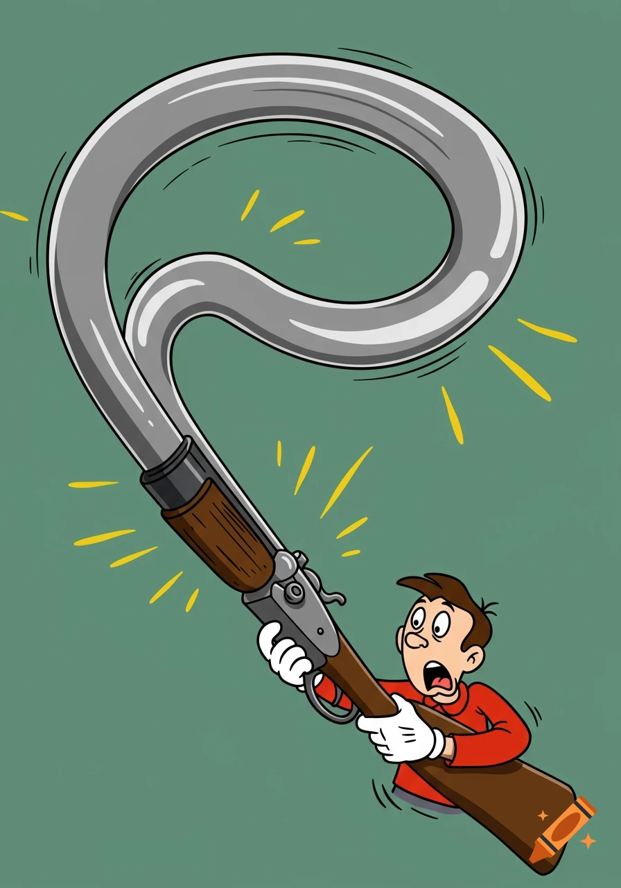 A cartoon man reacts in shock as the barrel of his shotgun bends back ...