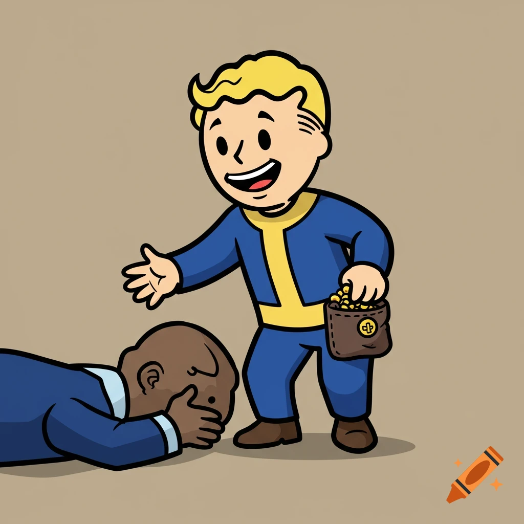 A cartoon Vault Boy from Fallout holds a bag of coins next to a defeated man on the ground. on ...