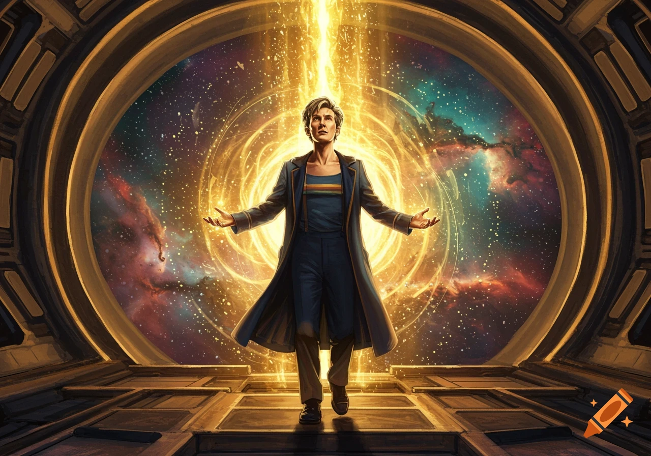 An illustration of a stylized male character resembling Doctor Who ...