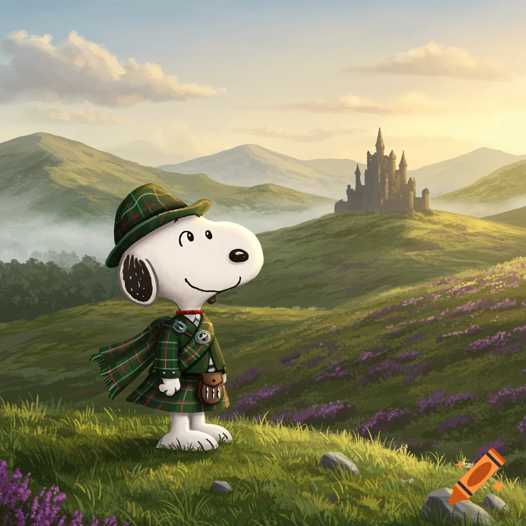 Snoopy in a green plaid kilt and hat stands in a Scottish landscape ...