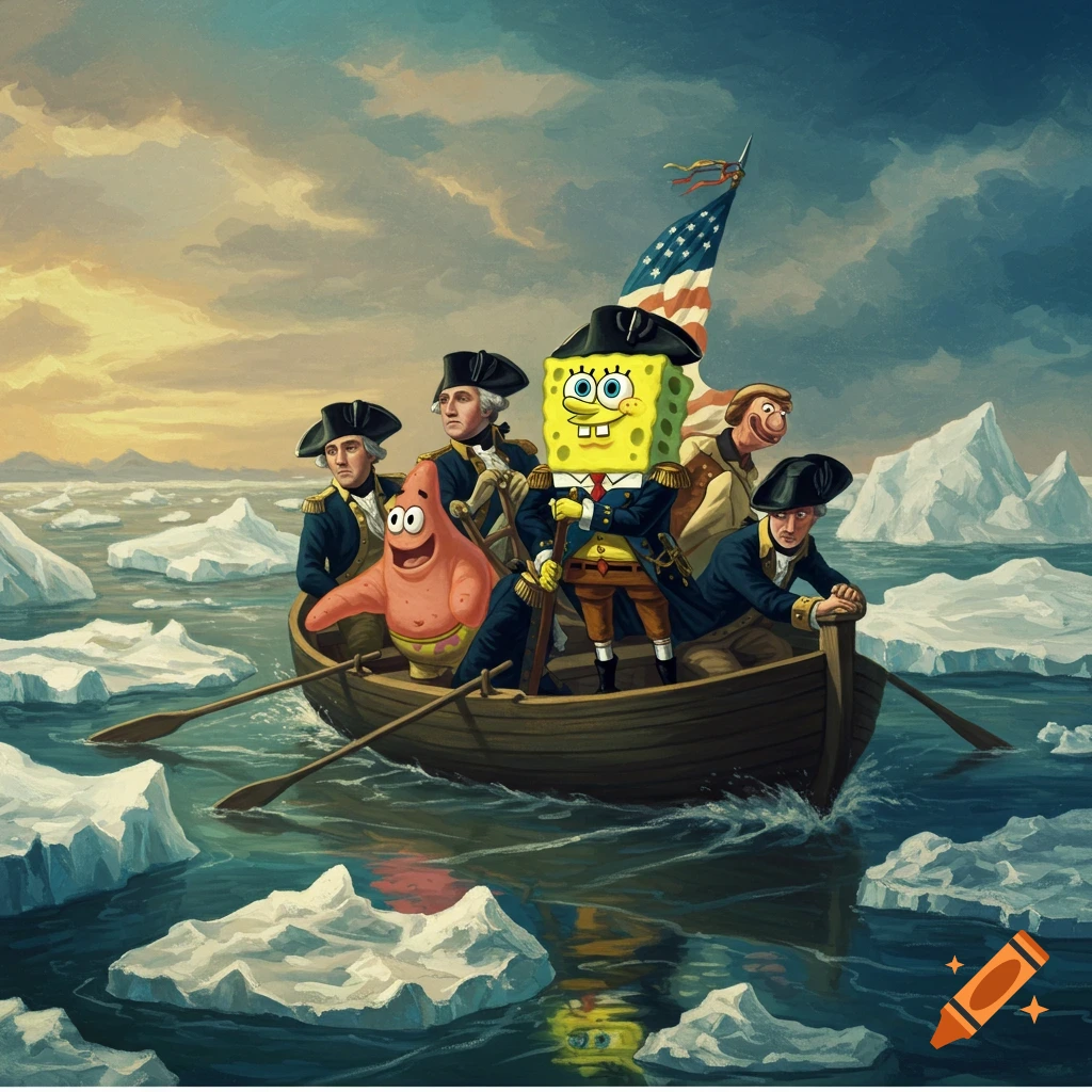 Spongebob and Patrick in colonial attire crossing an icy river in a ...