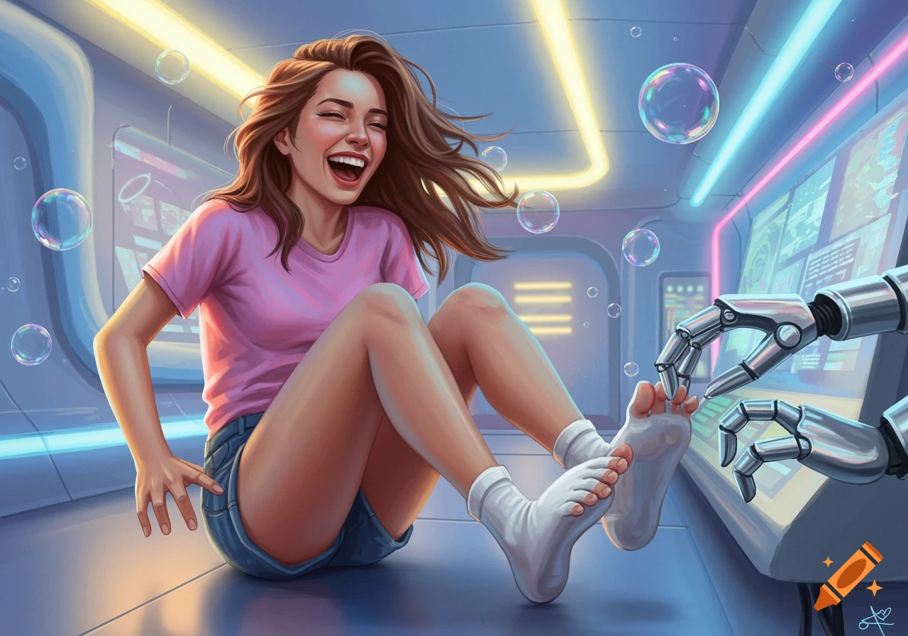 A laughing woman sits on the floor in a futuristic room, her bare feet, in white socks, being ...