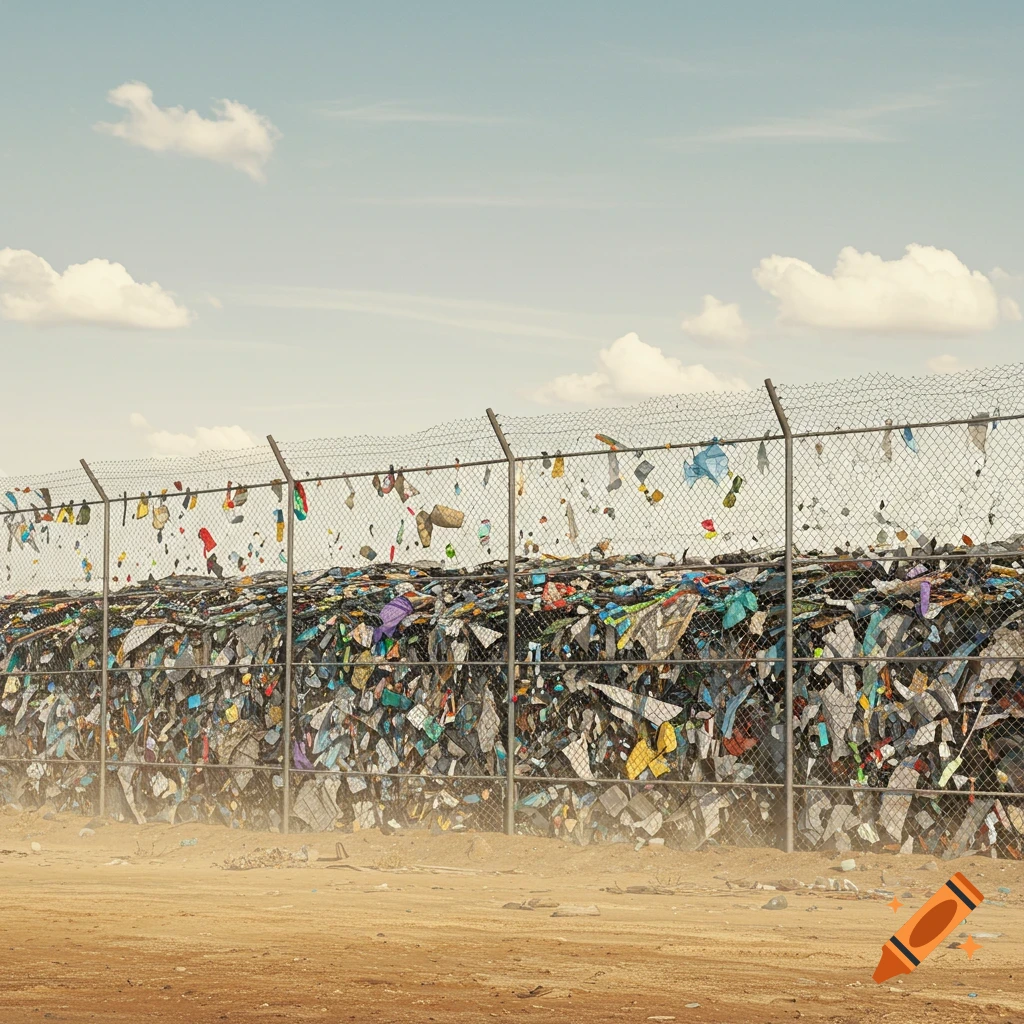 Large landfill mound of colorful trash behind a chain-link fence under ...