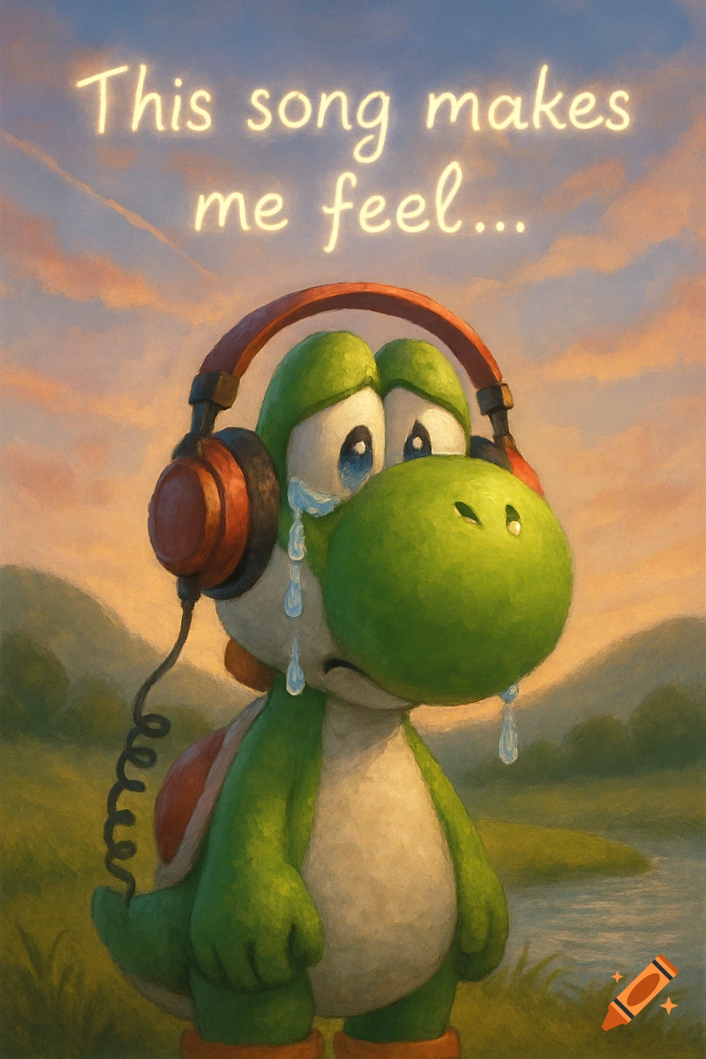 Crying Yoshi from Super Mario Bros. wearing headphones against a sunset sky, with the text 'This ...