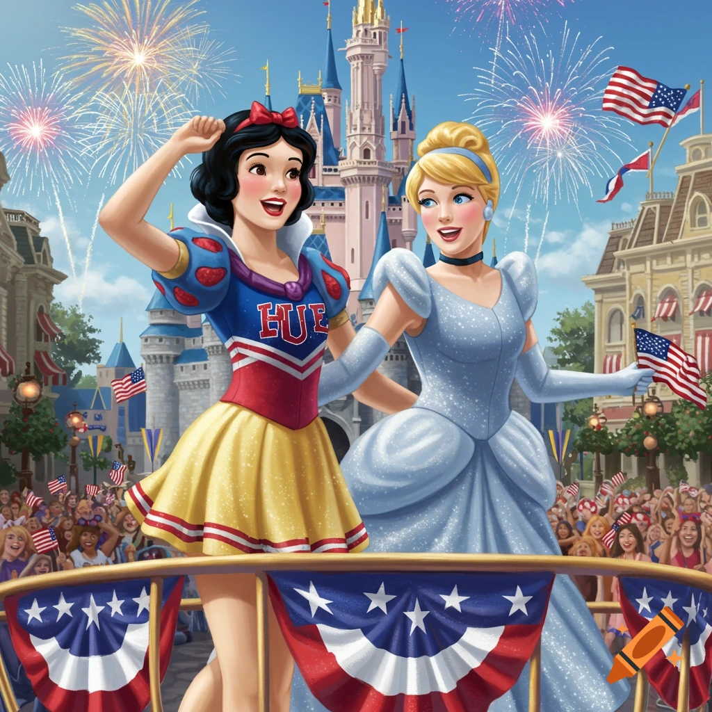 Snow White in a cheerleader outfit and Cinderella in a sparkly blue ...