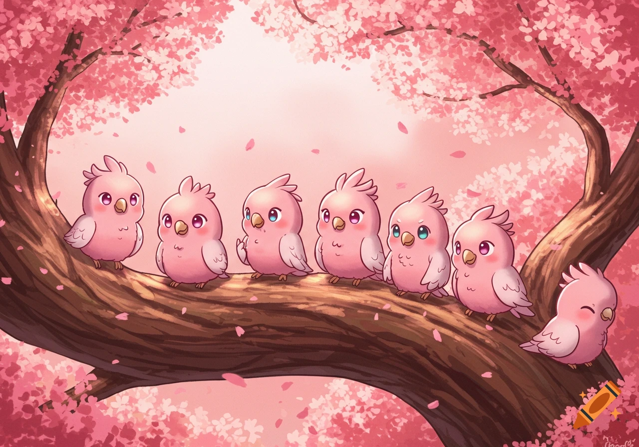 Seven cute pink chibi parrots perch on a tree branch covered in pink ...