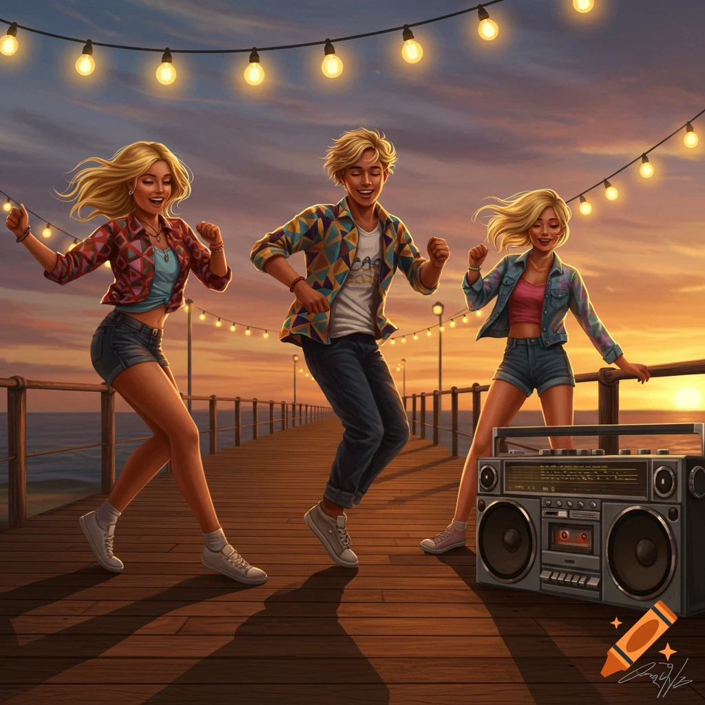 Three blonde friends dance joyfully on a wooden boardwalk at sunset ...