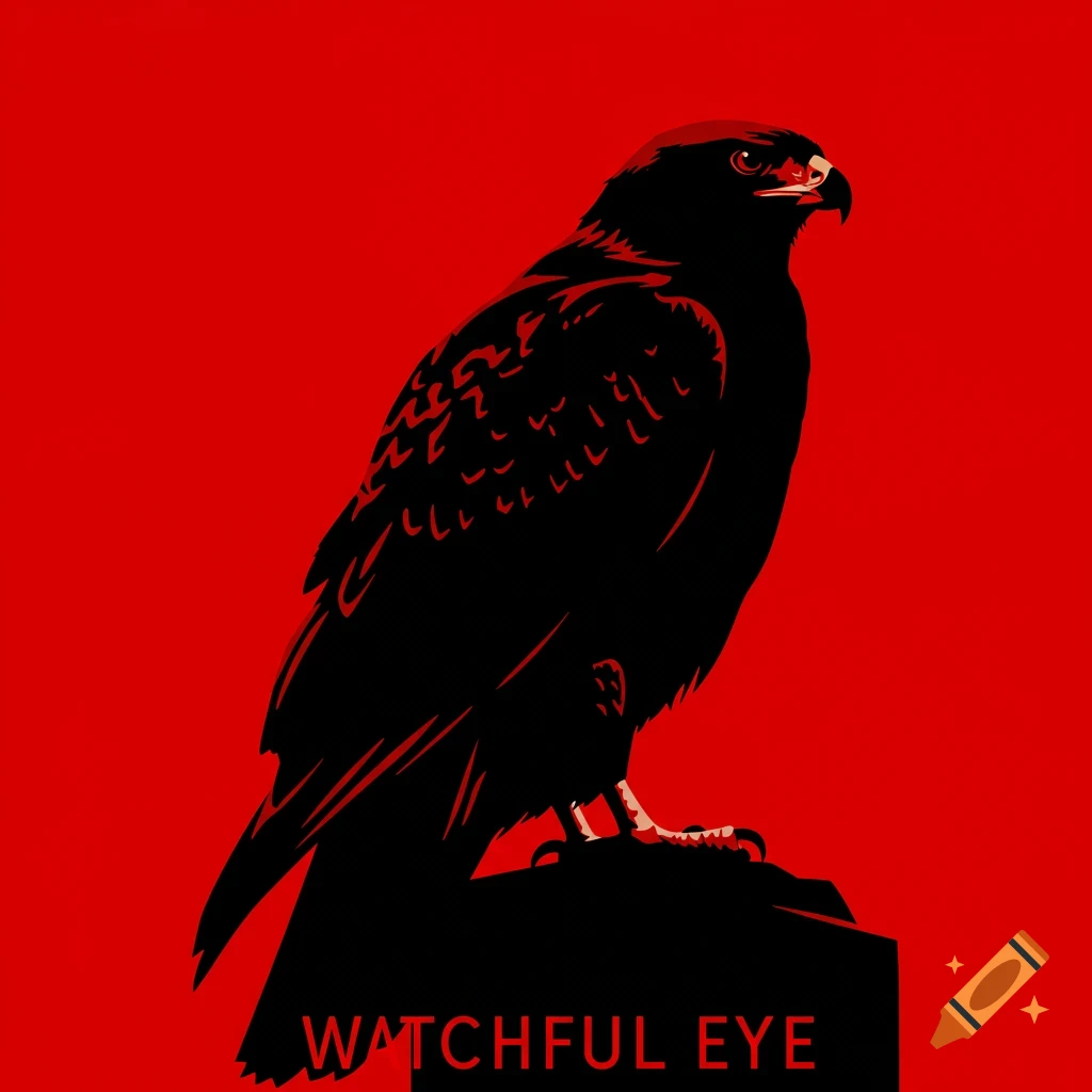 A black hawk silhouette with red accents on a red background, in a ...