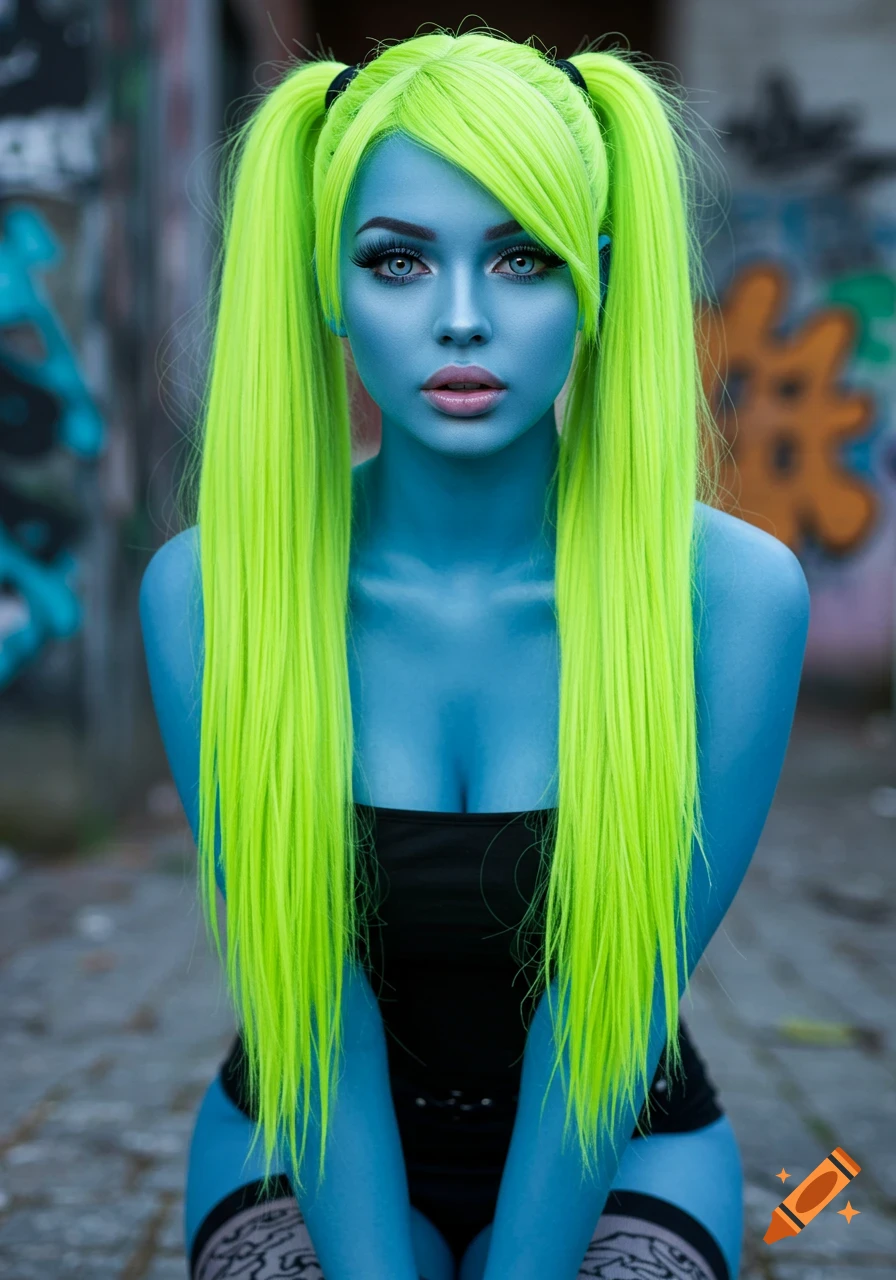 Photorealistic portrait of a woman with pale blue skin, long neon ...