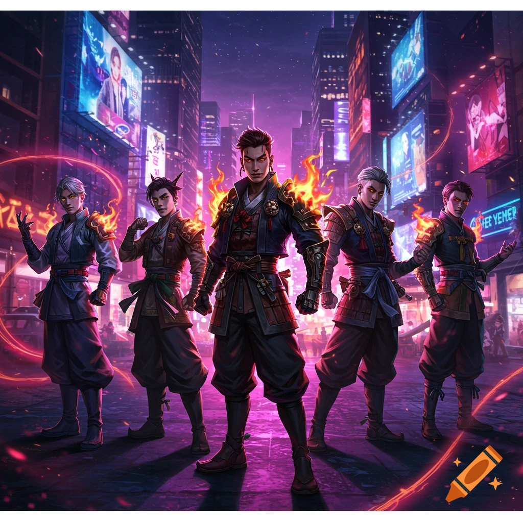Five stylized figures in a futuristic city at night, with neon lights ...