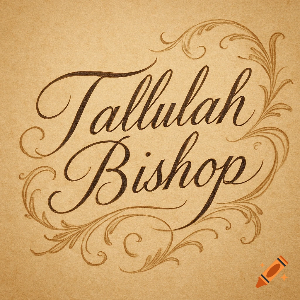 Ornate calligraphic signature of 'Tallulah Bishop' on a textured ...