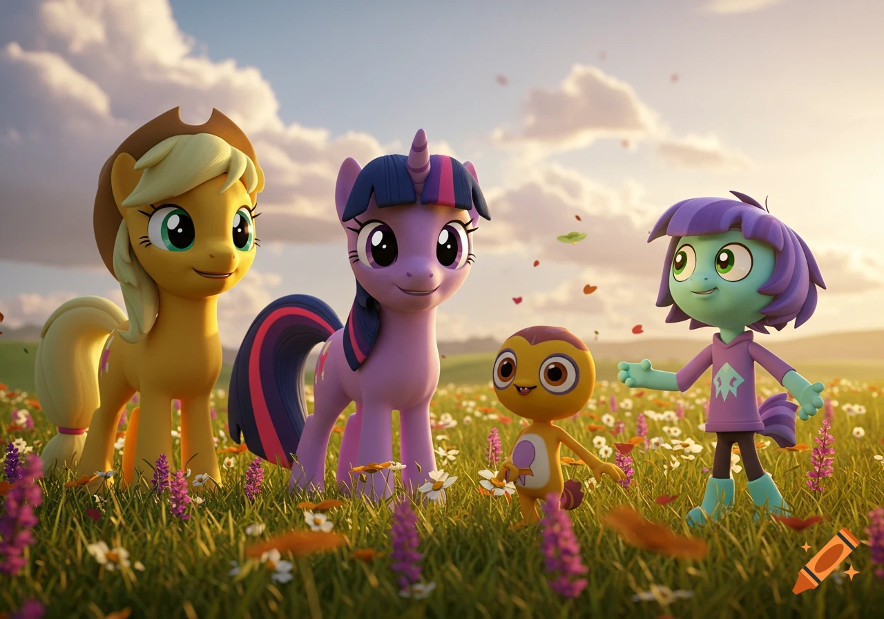 Five My Little Pony characters stand in a field with a castle at sunset ...