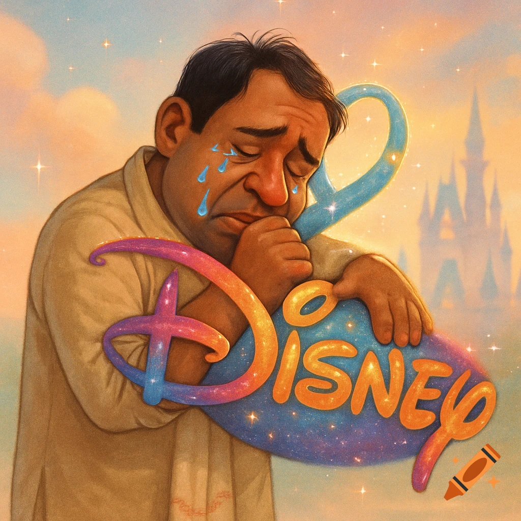 A stylized illustration of a crying man hugging a glittery Disney logo ...