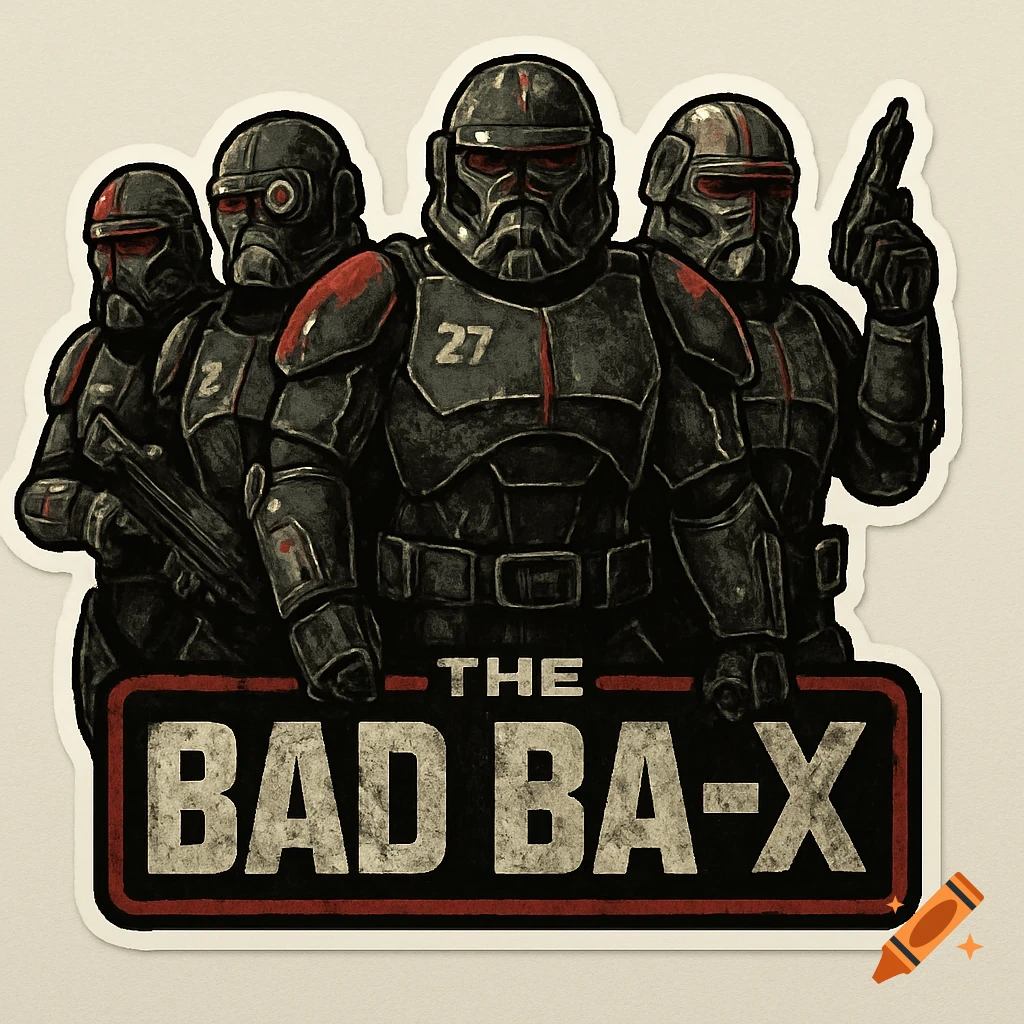 A stylized sticker of four futuristic clone troopers in dark, battle ...