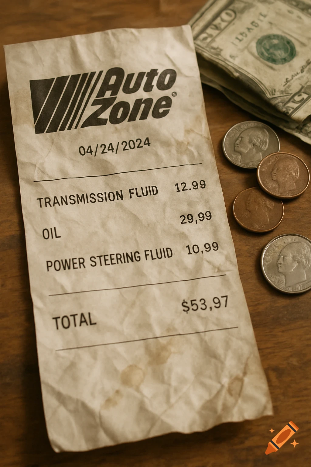 Photorealistic image of a crumpled AutoZone receipt for transmission ...
