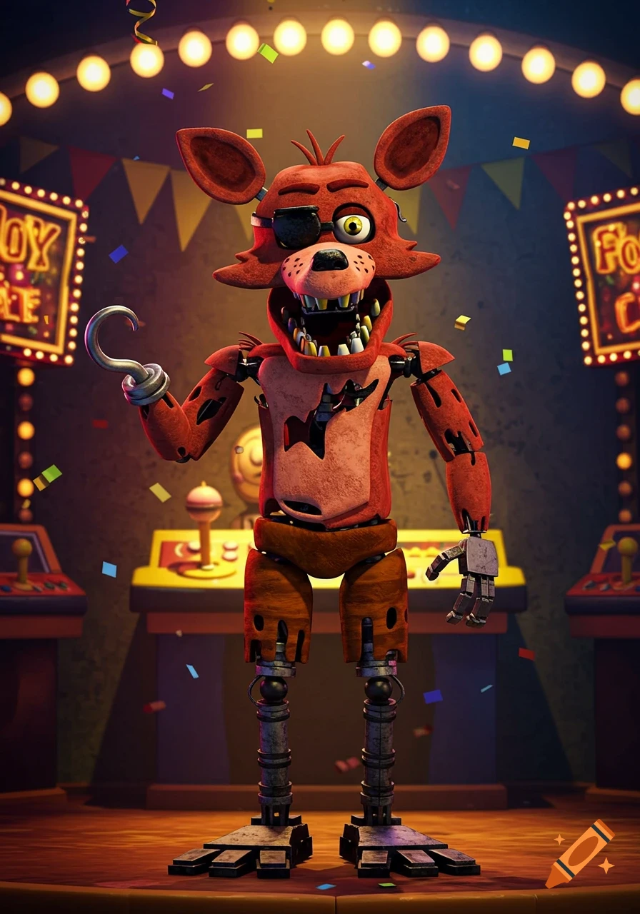 A stylized, cartoony animatronic fox character with an eyepatch and ...