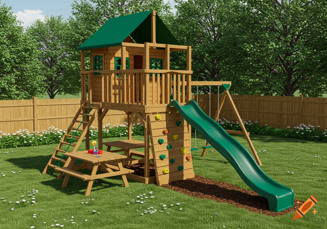 A wooden backyard playset with a green roofed clubhouse, slide, rock ...