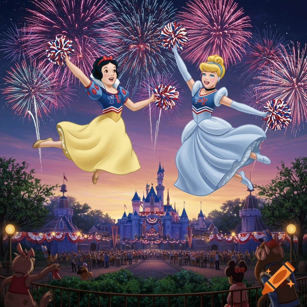 Snow White and Cinderella in cheerleader outfits jump with pom-poms ...