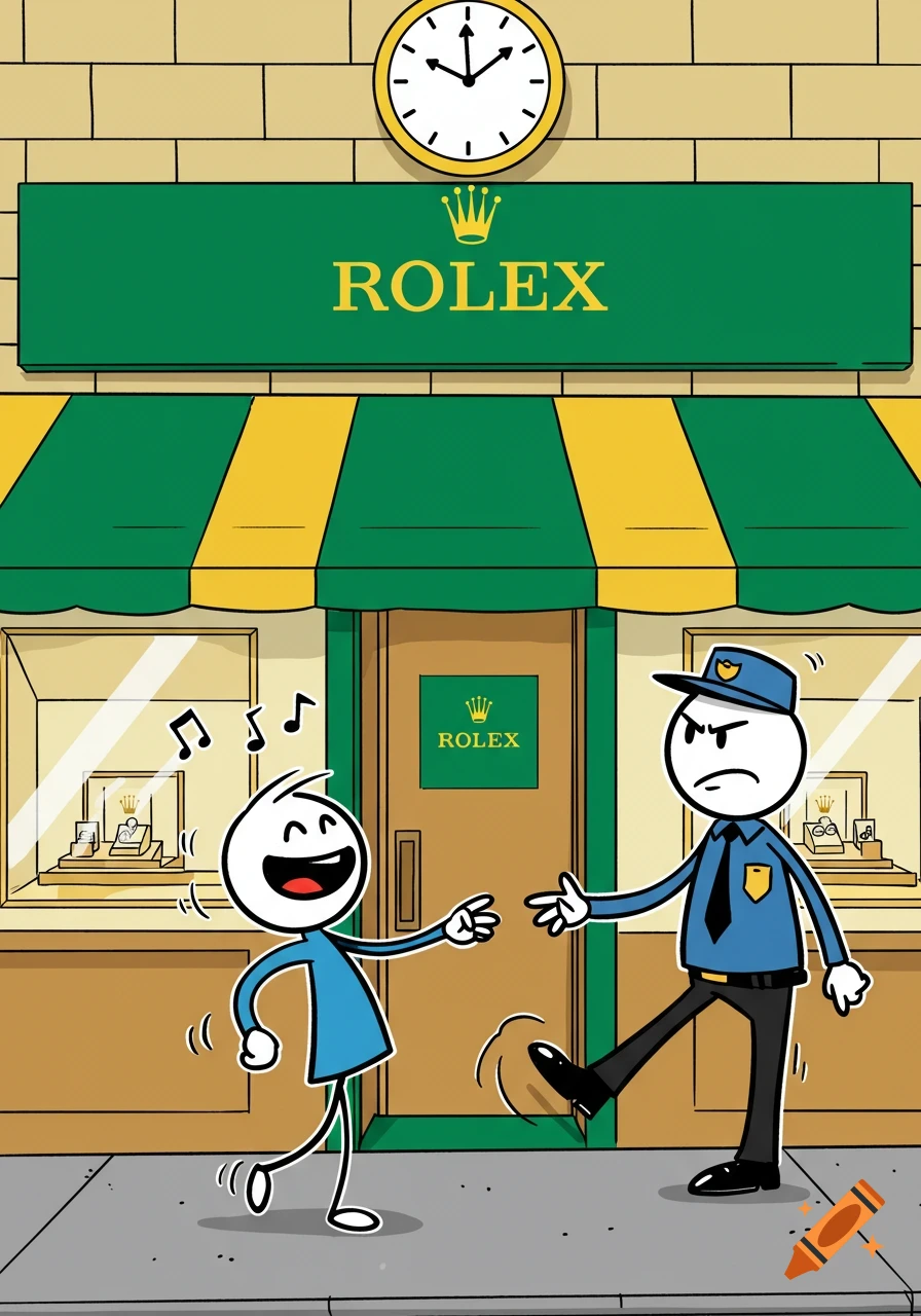 A simple cartoon shows a happy stick figure being kicked out of a Rolex ...