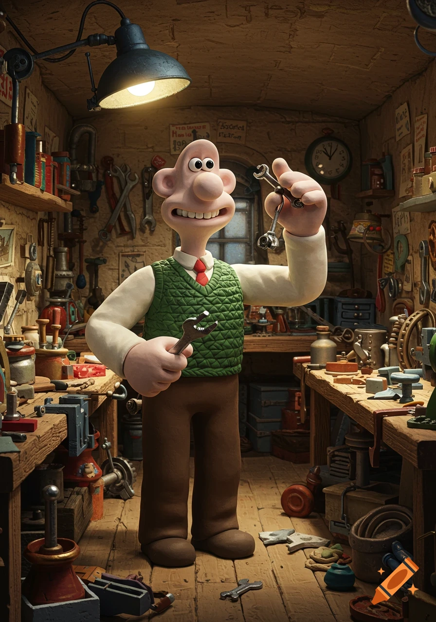 Wallace, a claymation character, stands in his cluttered workshop ...