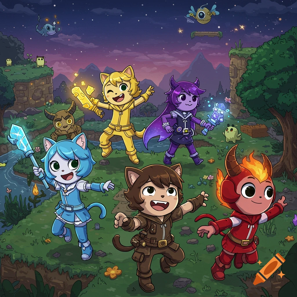 A cartoon illustration of six colorful, cat-like adventure characters ...