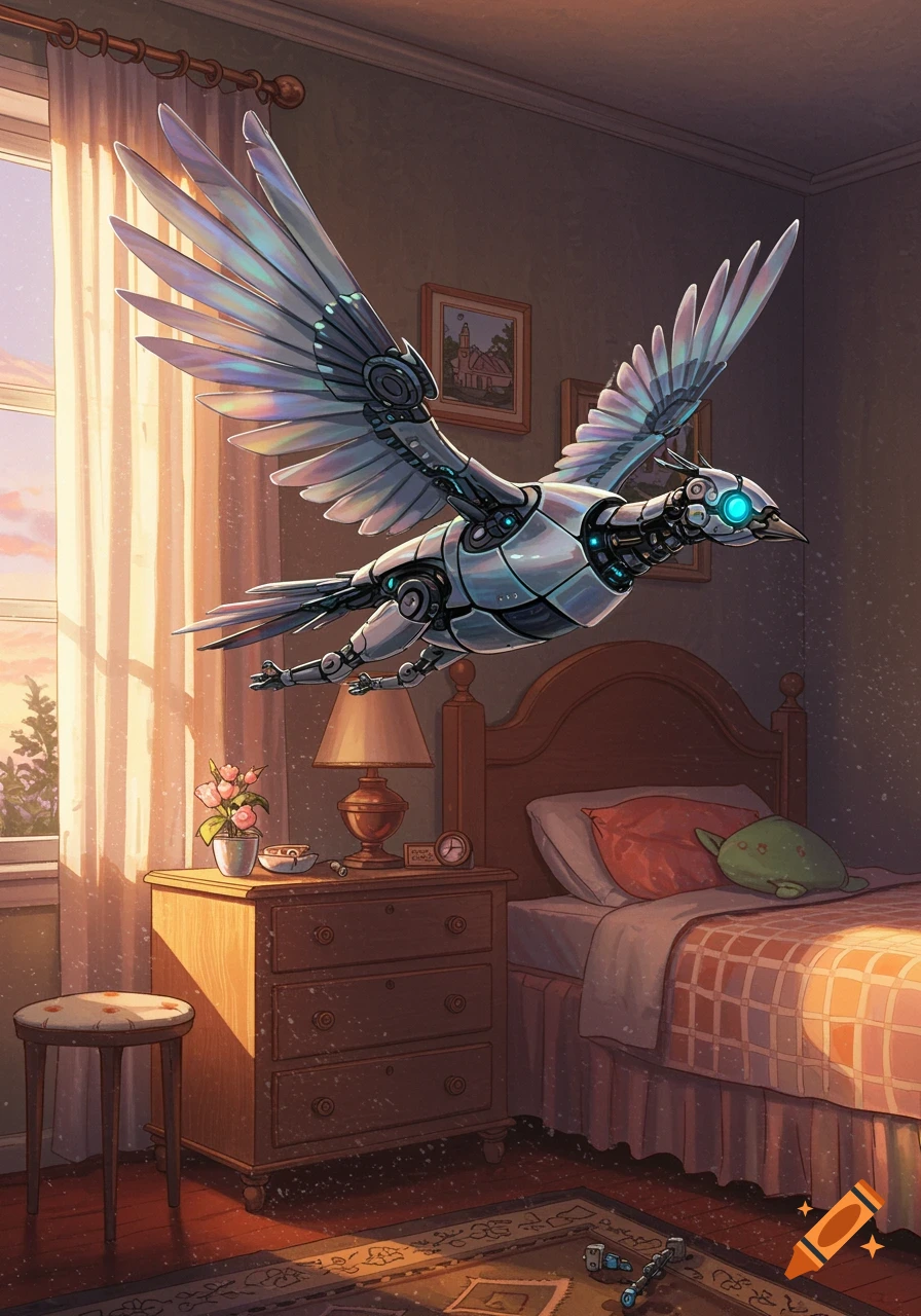 A shiny robotic bird with iridescent wings flies through a sunlit ...